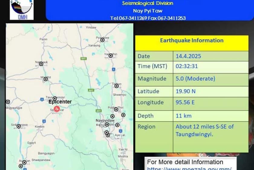 Magnitude 5 earthquake strikes near Taungdwingyi today | Eleven Media ...